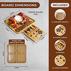 Cheese Board Natural Bamboo Platter with Knife and Forks Set with Ceramic Bowls dubaBoo Charcuterie Platter and Serving Meat, Cheese Board with Slide Out Drawer, Gift for Any Occasion.