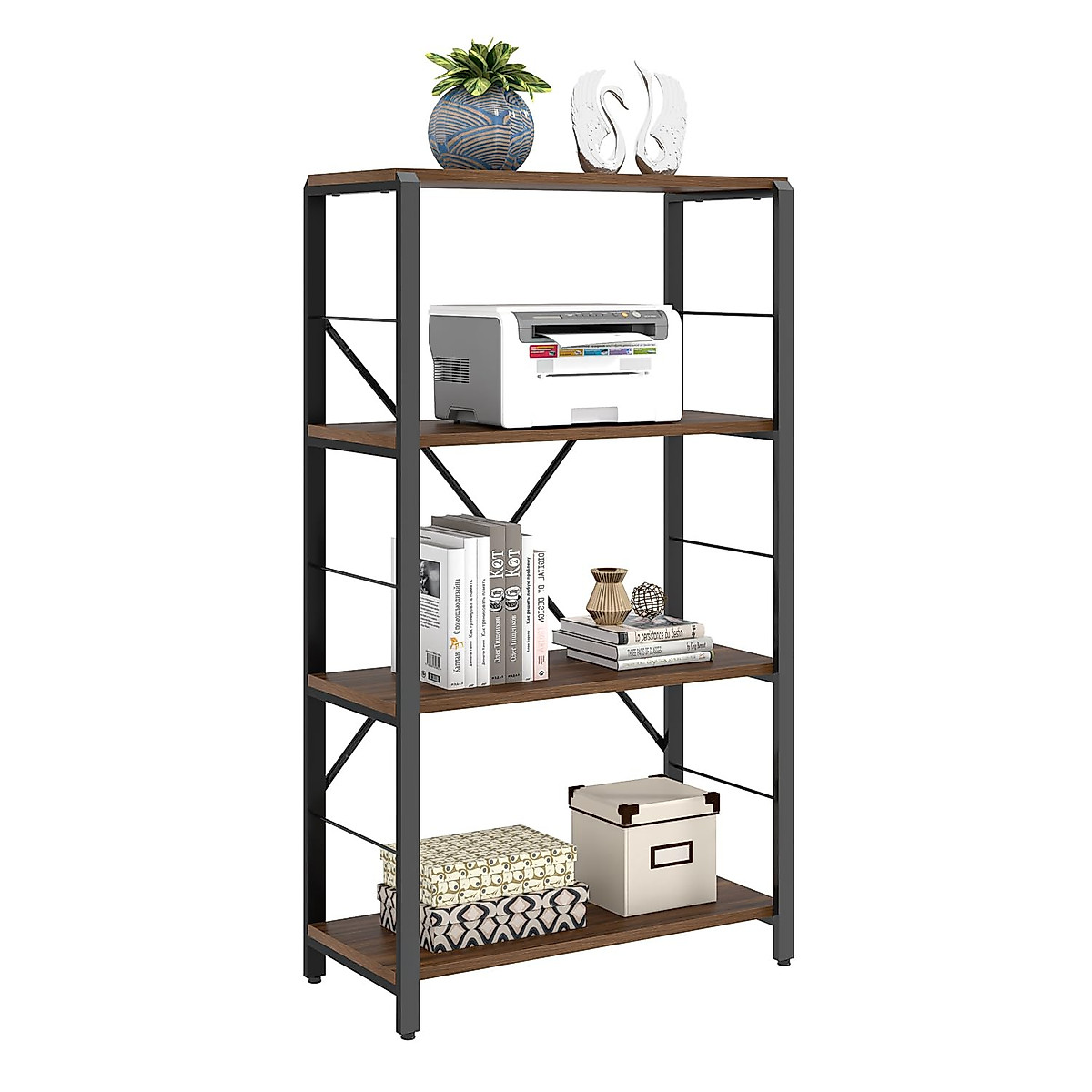 FOLUBAN Modern Bookshelf, 4 Tier Open Display Storage Book Shelf Organizer, Industrial Metal and Wood Bookshelves and Bookcases for Living Room Bedroom Office, Rustic Walnut