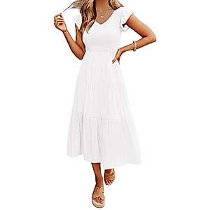 MEROKEETY Women's 2024 Summer Smocked V Neck Tiered Swing Long Midi Dress with Pockets, White, S