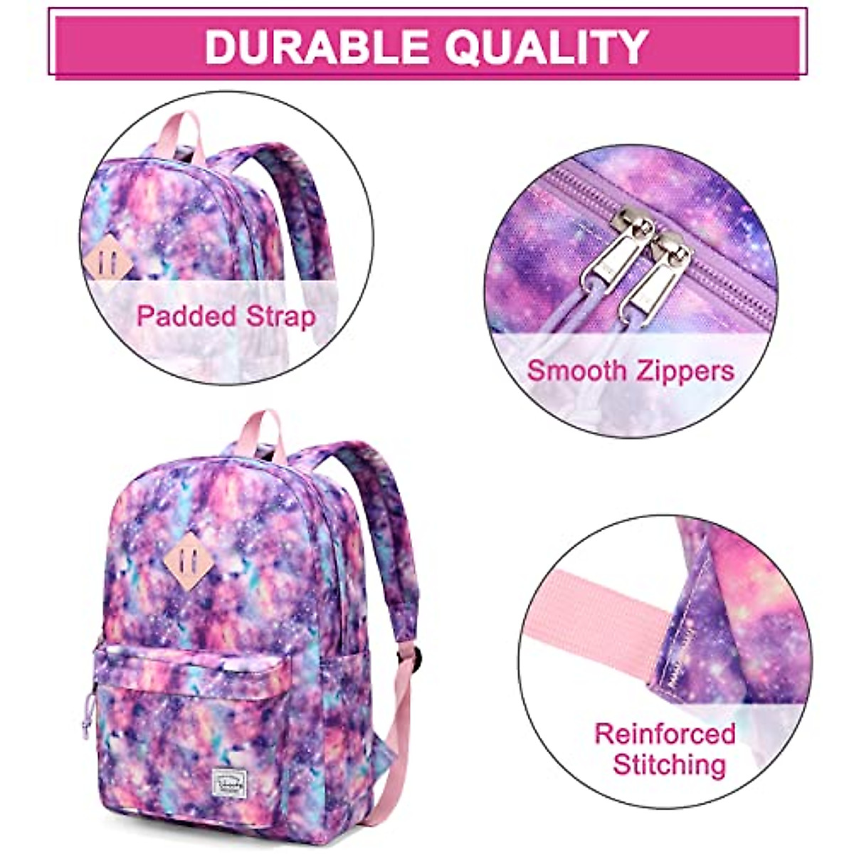 VASCHY Backpack for School, Lightweight Water Resistant Bookbag Casual Daypack for Middle School Teen Girls Pink Galaxy