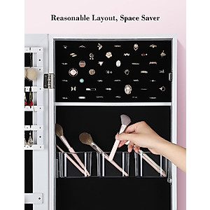 Nicetree Jewelry Cabinet with Full-Length Mirror, Standing Lockable Jewelry Armoire Mirror Organizer, 3 Angel Adjustable, White