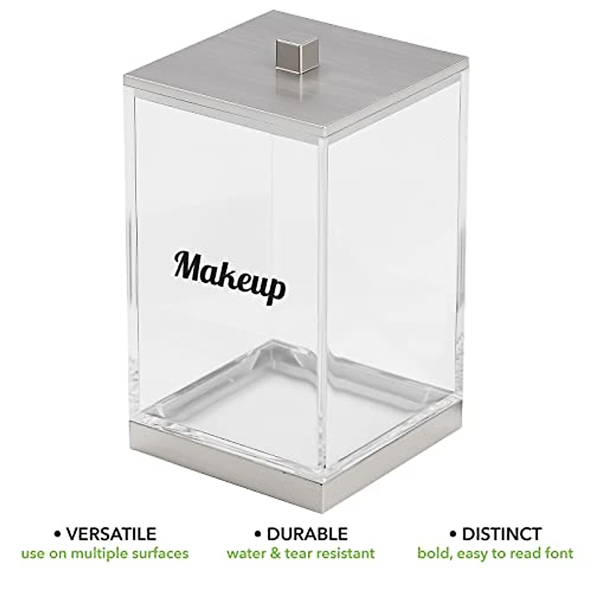 mDesign Acrylic Storage Organizer Canister Jar with Labels, Large Containers - Bathroom Storage, Organization for Vanity, Counter, or Makeup Table, Lumiere Collection, Set/2 + Labels, Clear/Brushed