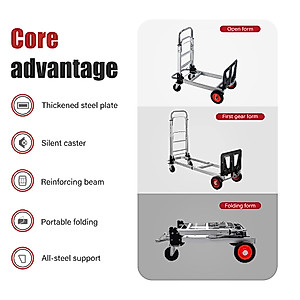 Folding Hand Truck, 3 in1 Aluminum Hand Truck with 3-Position Folding Pulley Handles, Load Capacity 220 lbs
