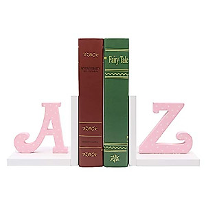 Apol Creative Pink and White Dots A-Z Letter Wood Bookends Book Ends Book Organizers Bookshelf for Kids Study Gift School Office Library Home Desk Decoration