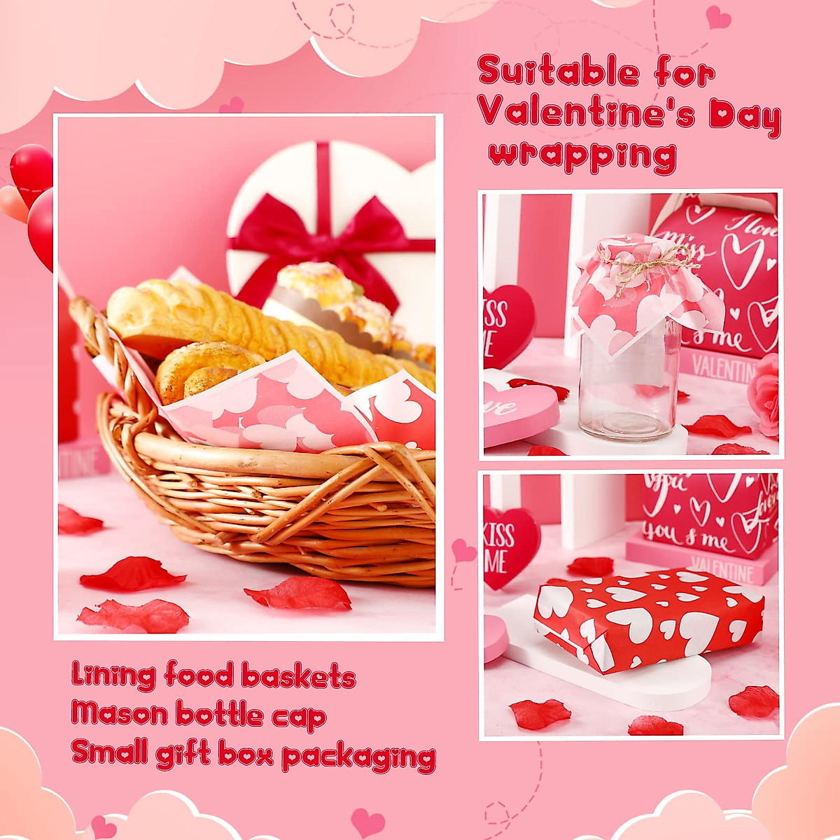 150 Pieces Wax Paper Valentine's Day Food Wrap Paper Heart Sandwich Wrapping Paper Greaseproof Wrapping Paper for Valentine's Day Chocolate Candy Cookies Baking Food Basket Liner Party Supplies