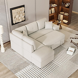 Merax Sofa Bed Sleeper Couch L Shaped Sofa with Storage Ottoman, 2 Throw Pillows and 2 Stools, Sectional Pull Out Sofa Bed with Wireless Charger and 2 Hidden USB Ports for Living Room (Cream)