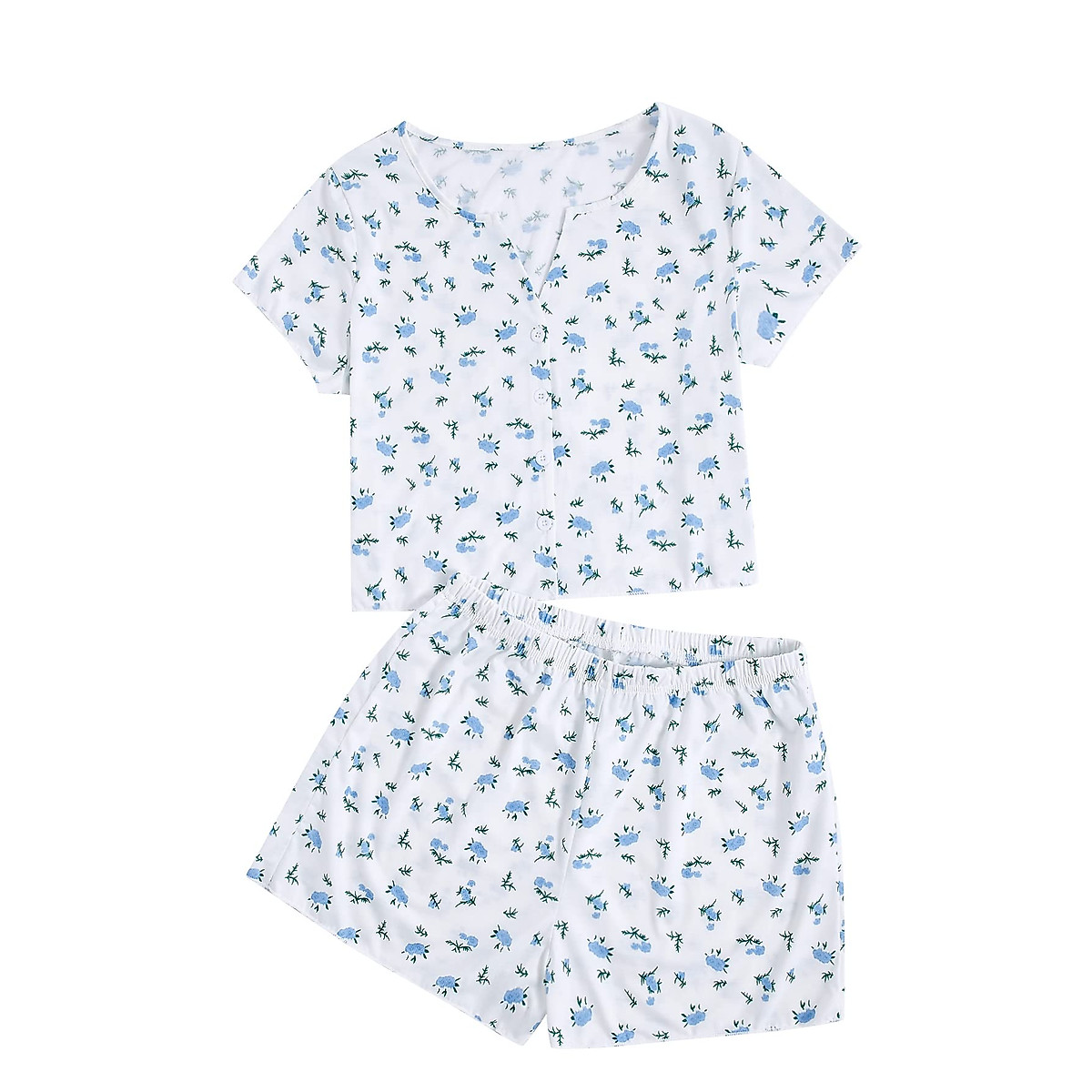 Verdusa Women's 2-Piece Button Down Short Sleeve Ditsy Floral Button Front Sleepwear Loungewear PJ Set White S