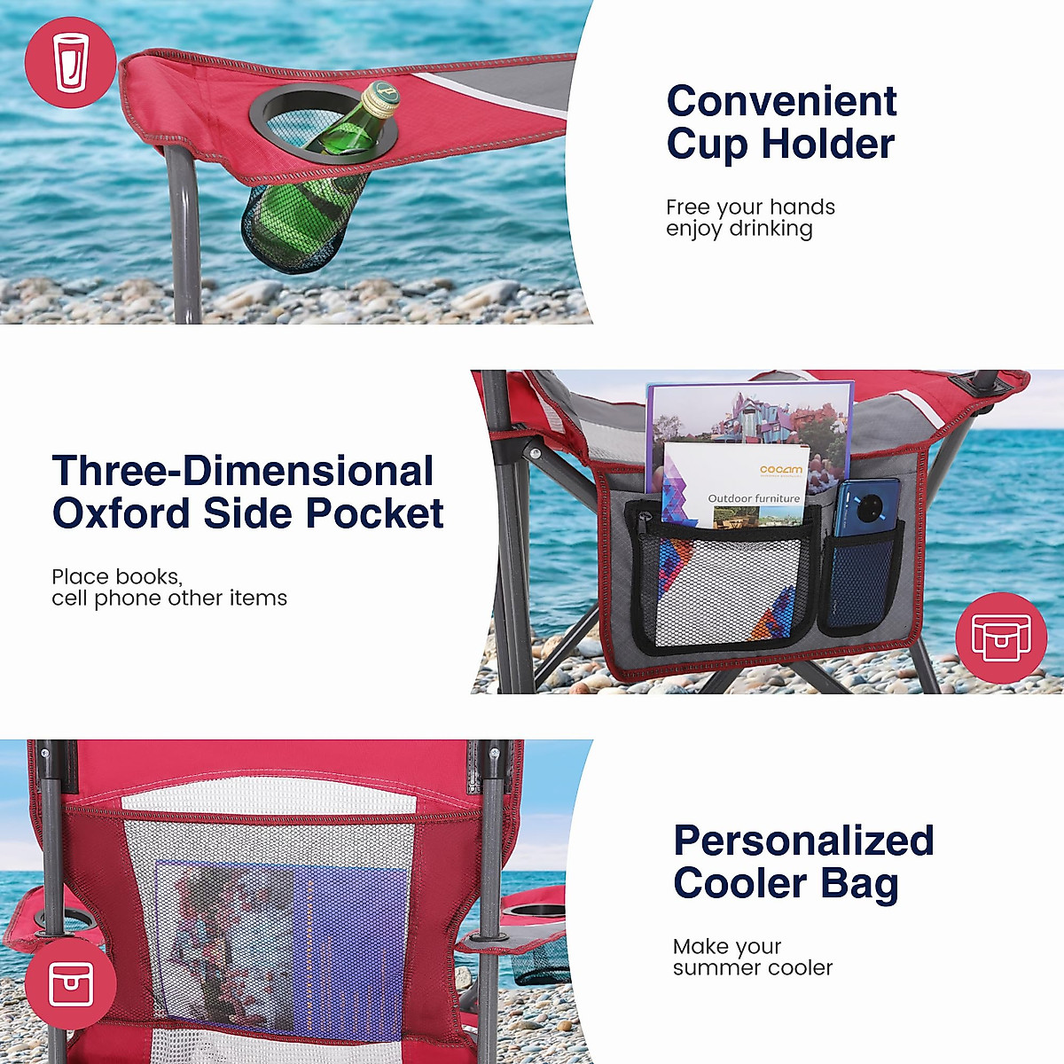 HIGH POINT SPORTS Portable Mesh Back Camping Folding Chair, Portable Camping Chair for Adults, Heavy Duty Fishing Lawn Chair, Padded Collapsible Outdoor Chair for Adults, Outdoor, Garden, Patio, Red