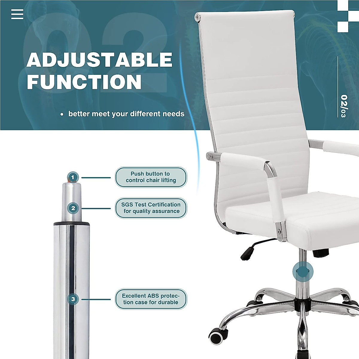 VICTONE Ribbed Office Chair High Back PU Leather Executive Conference Chair Adjustable Swivel Chair (White)