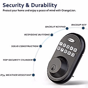 OrangeLion Keyless Entry Deadbolt Lock, Electronic Keypad Door Lock, Auto Lock, 1 Touch Locking, 20 User Codes, Easy to Install, Oil Rubbed Bronze
