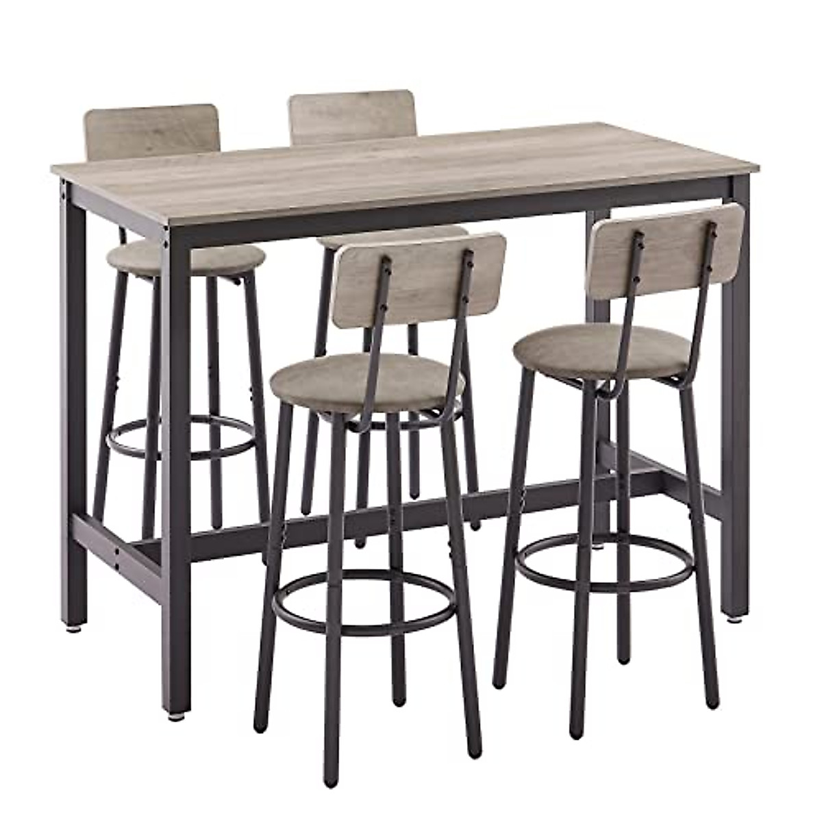 CKLMMC 5 Piece Industrial Bar Table Set,Pub Bistro Table and PU Upholstered Stools with Backrest, Counter Height Dining Table Set for Kitchen Small Space (Grey# Set of 5)