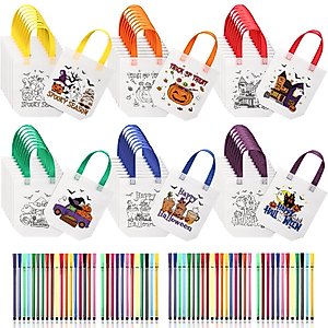 Vincreem 54 Pcs Halloween Coloring Bags with 60 Pcs Colorful Markers Non Woven Coloring Goodie Bags Ghost Pumpkin Trick or Treat Color Your Own Bag Reusable Party Favor Bags for Holiday DIY Painting