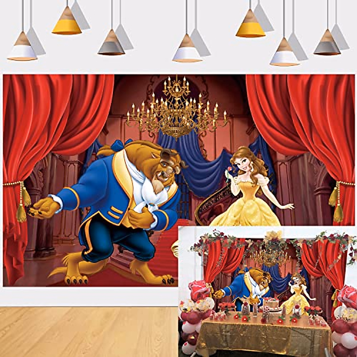 Beauty and The Beast Backdrop Palace Golden Chandelier Red Curtain Photography Background Princess Girl Baby Shower Birthday Party Studio Photo Decoration Props 5x3FT