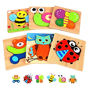 Springflower Wooden Toddler Jigsaw Puzzle Gift Toy for 1 2 3 Years Old Boys and Girls,6 Pack Animal Shape Montessori Toy for Infant,Toddler Sensory Toy,Fine Motor Skill Early Learning Educational Gift