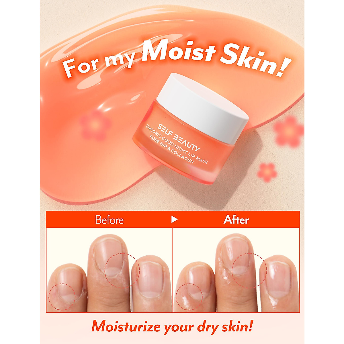 SelfBeauty Lip Mask - Rosehip & Collagen, Vegan Lip Balm, Lip Moisturizer, Overnight Hydrating Lip Treatment with Collagen Peptide, Lip Scrub Exfoliator Intensive Lip Repair, 0.51fl.oz