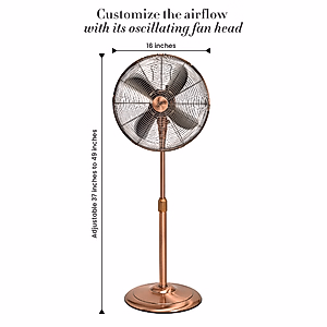 Deco Breeze DBF0209 Pedestal Standing 3 Speed Oscillating Fan with Adjustable Height, 16 Inches, Brushed Copper