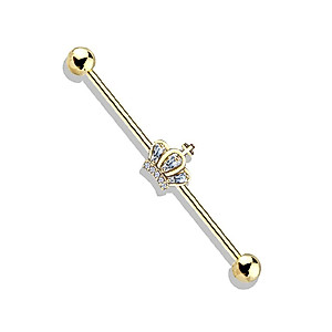 Pierced Owl 14GA Stainless Steel CZ Paved Crown with Cross Industrial Barbell (Gold Tone/Clear)