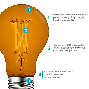 LUXRITE A19 Edison LED Orange Light Bulb, 4.5W (60W Equivalent), Colored Glass Filament, UL Listed, E26 Standard Base, Indoor Outdoor, Porch, Decoration, Party, Holiday, Event, Home Lighting