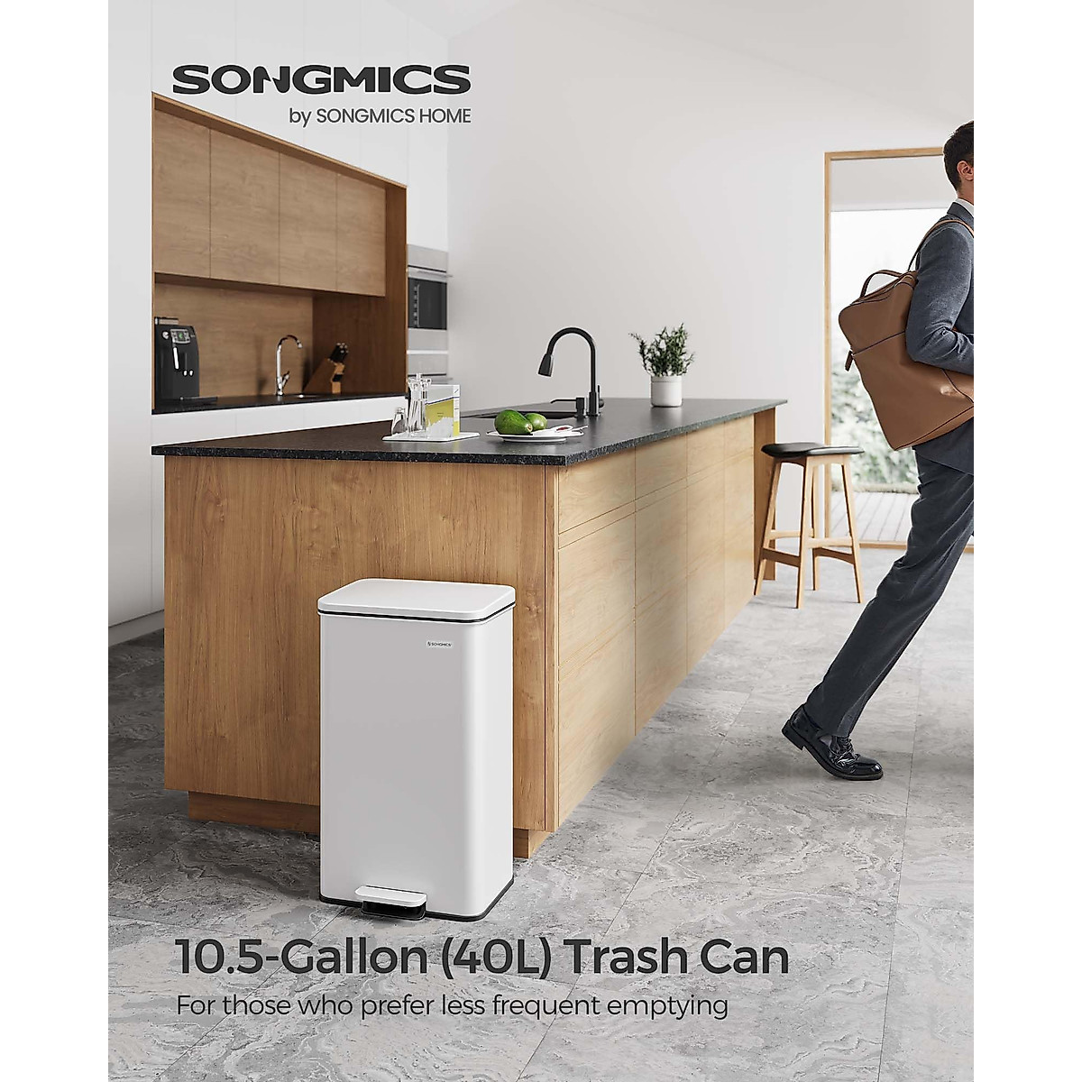 SONGMICS Kitchen Trash Can, 10.5 Gallon (40 L) Garbage Can, Large Step Trash Bin with Lid, Stainless Steel, Soft Close, 15 Trash Bags Included, White ULTB540W40