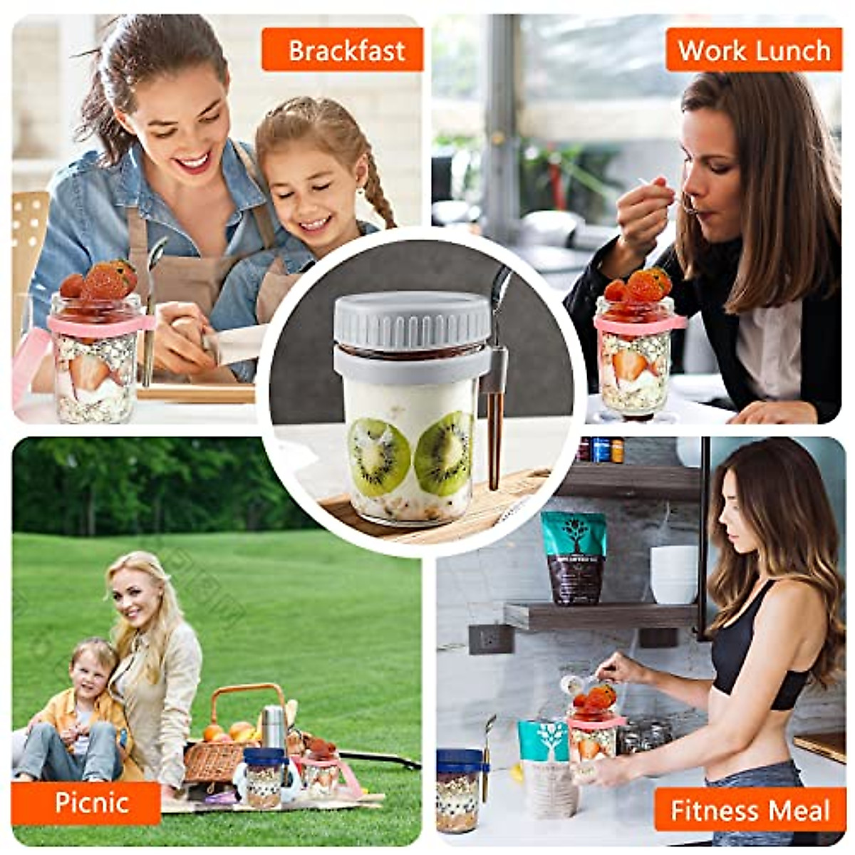 Overnight Oats Containers with lids and spoon-Set of 2 Jars 12 oz Large Capacity Airtight Container with Measurement Marks, Reusable On The Go Cups for Cereal Yogurt, Milk, Salads, Fruit(2 Pack White)