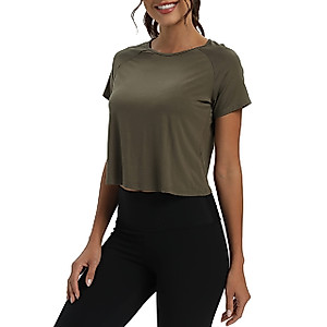 Mippo Short Sleeve Workout Tops Athletic Shirts Gym Clothes Exercise Crop Top Tshirts for Women Loose Fit Army Green S