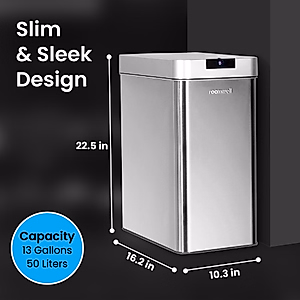 roomwell Automatic Trash Can Kitchen 13+ Gallon - Stainless Steel Garbage Can Touchless with Motion Sensor Lid and Infrared Light with AC Power Adapter (Limitted Edition 2.5 Gallon)
