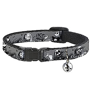 Buckle-Down Breakaway Cat Collar - NBC Jack & Sally Cemetery Scene Gray/Black/White - 1/2" Wide - Fits 8-12" Neck - Medium