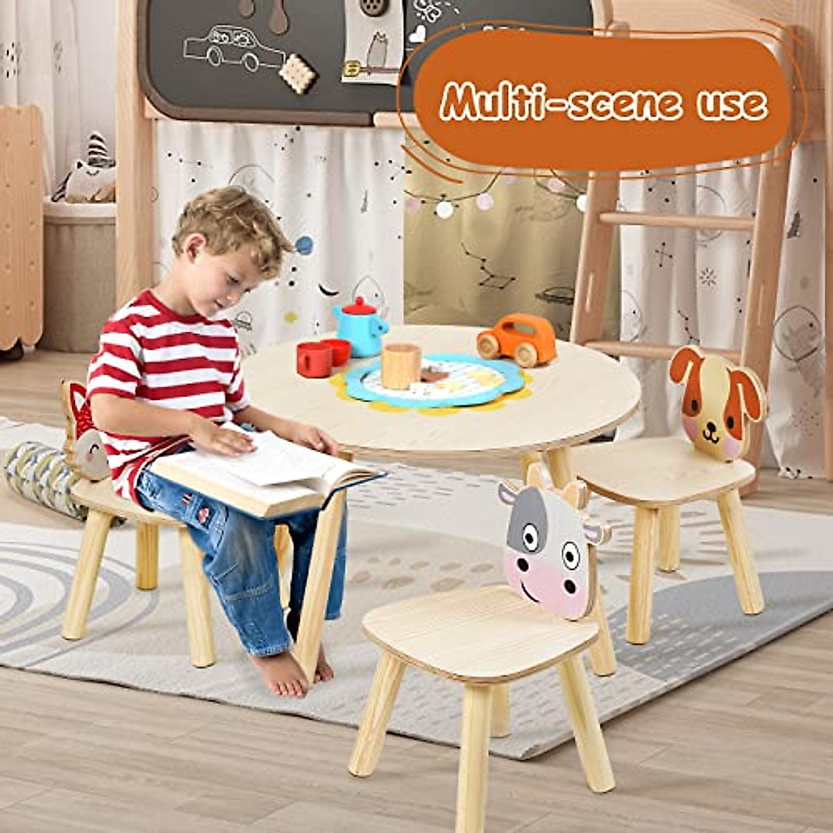 Xylolin Wooden Kids Table and Chairs Set, 4 Pieces Play Table with Animal Themed Chairs for Toddlers Drawing Reading Arts Crafts Snack Time, Boys Girls Playroom School Home Daycare