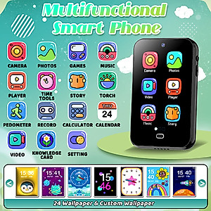Kids Smart Phone Toys for Girls Boys Age 3-8 with HD Touchscreen Dual Camera 28 Games Habit Tracker Audible Story Audible Story Portable Learning Toy for Kids with 8G SD Card Birthday Gifts (Black)