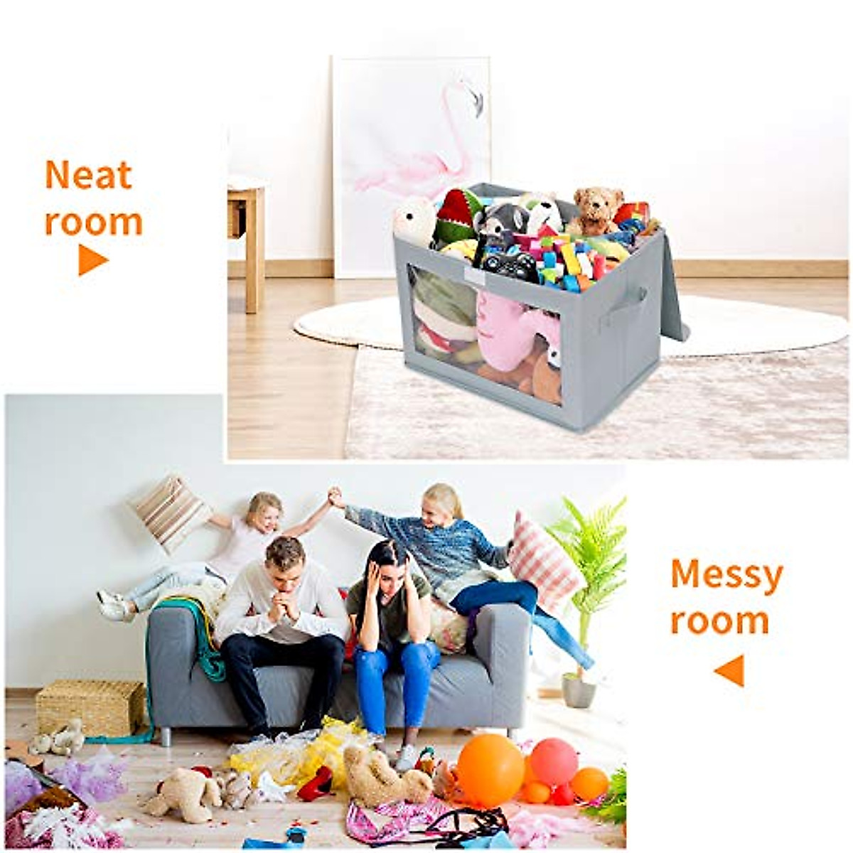 DIMJ Storage Bins with Lids, 4 Pack Fabric Storage Baskets with Handle, Collapsible Closet Organizer Bins Storage Box with Window for Clothes, Toys, Books, Closet, Shelves, Kids Room, Office