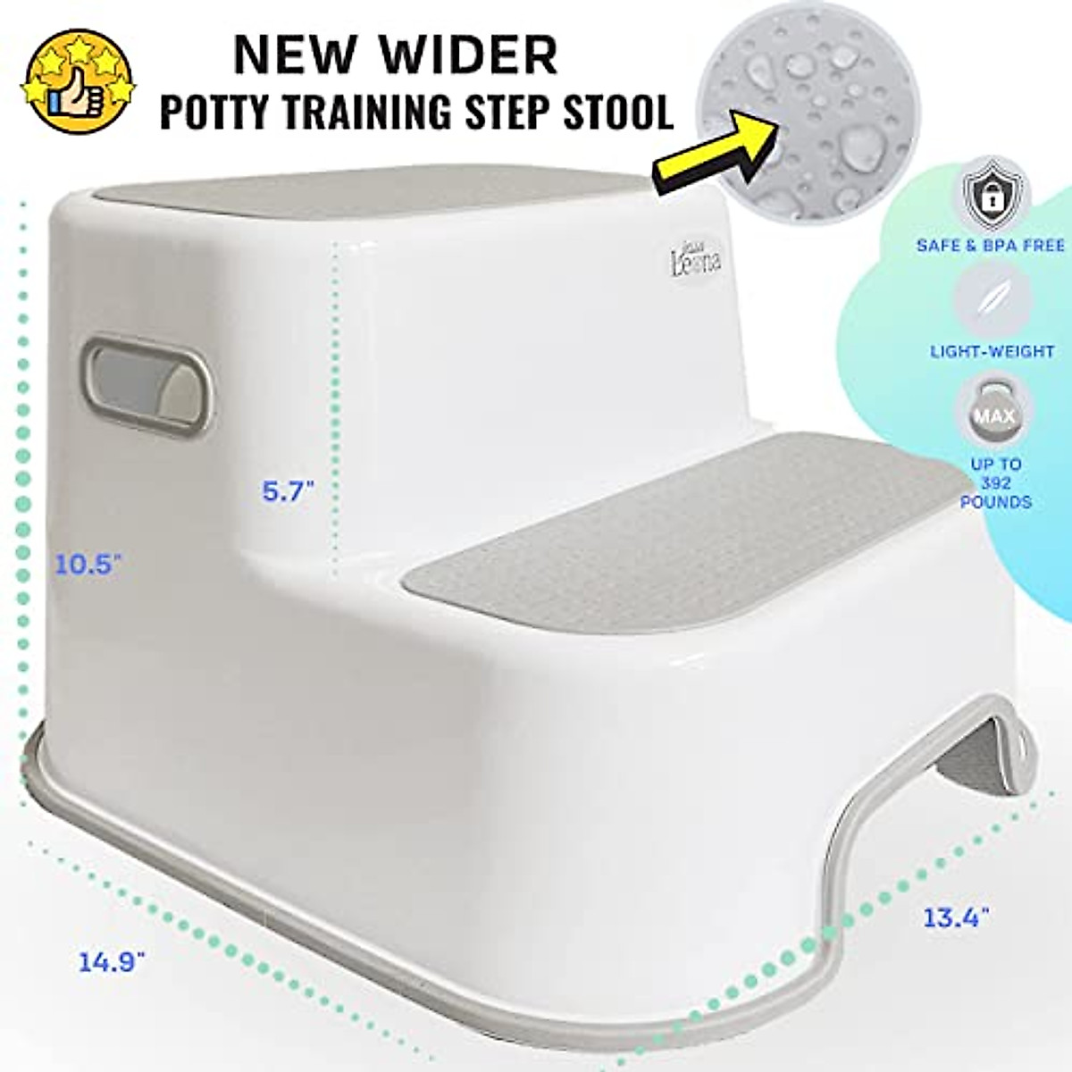 Wider Dual Height 2 Step Stool for Kids | Toddler's Stool for Potty Training and Use in The Bathroom or Kitchen | BPA-Free Strong Soft-Grip Steps for Comfort and Safety (1 Pack, Greige)