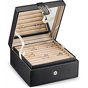 Glenor Co Ring Organizer Box - 108 Slot Classic Jewelry Display Holder - 2 Storage Trays with Modern Buckle Closure, Large Mirror - Holds Rings and Cufflinks - PU Leather Case - Black