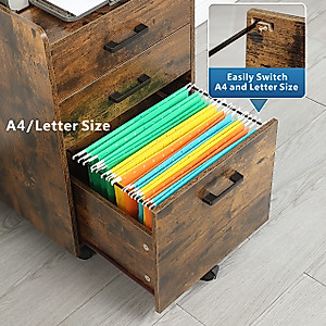 Kavonty File Cabinet, Mobile Office Cabinet with 2 Small Fabric Drawers and 1 Large Drawer,for A4, Letter Size, Hanging File Folders, Rustic Brown and Black