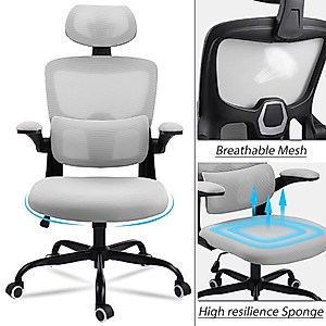 Ergonomic Office Chair Mesh Desk Chair Lumbar and Back Support Computer Chair with Adjustable Headrest Pillow 360 Swivel Casters and Flip-up Armrests for Home Office (Gray)