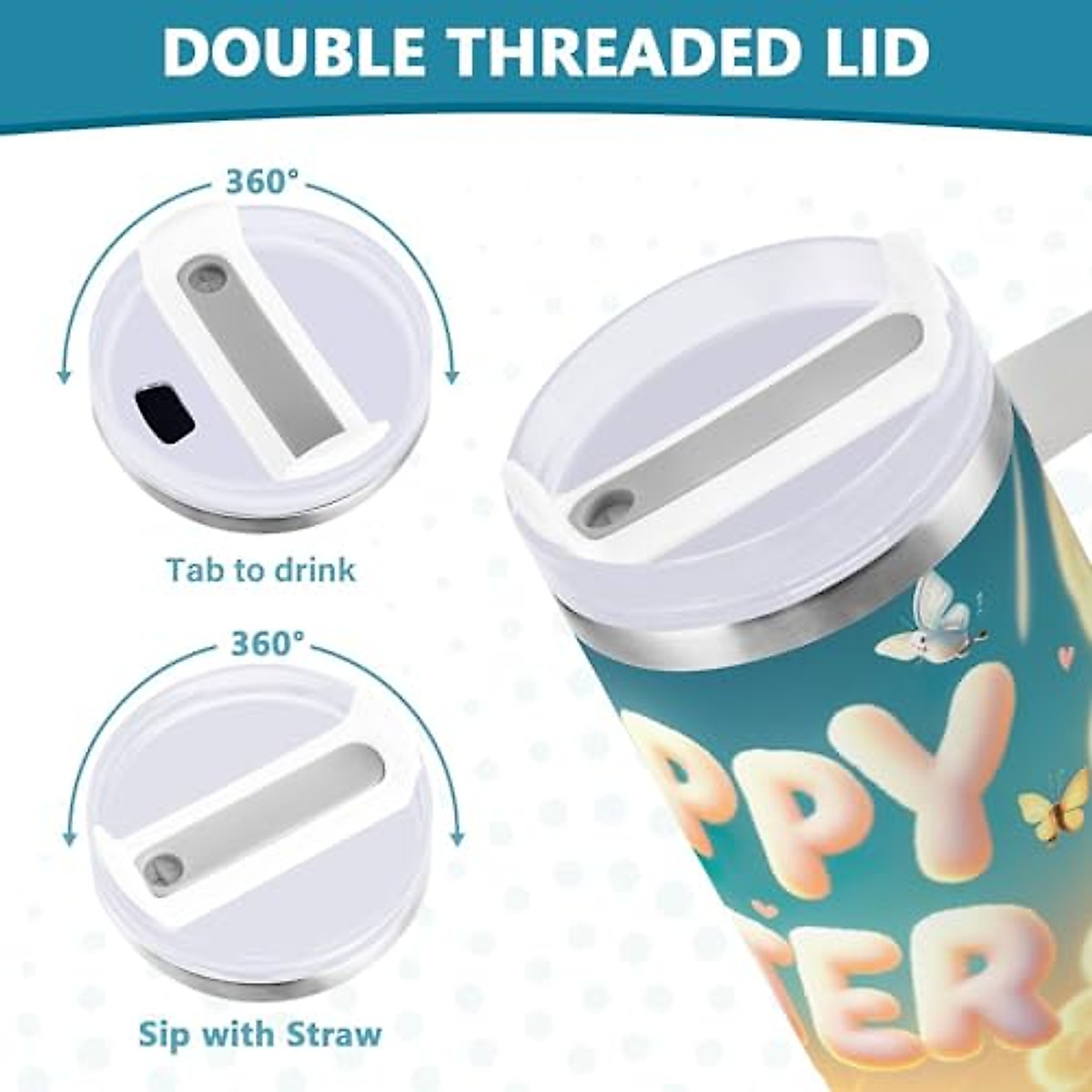 RPLIFE Cute Easter Rabbits Tumbler with Handle, Stainless Steel Coffee Tumbler, Tumbler with Lid and Straw