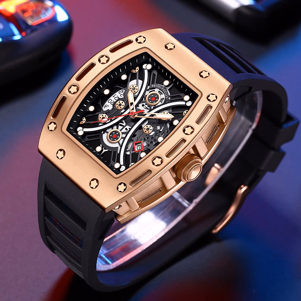 Mini Focus Unique Men Watch Tonneau Casual Wrist Watch (Hollow/Waterproof/Super Luminous/Calendar) Soft Silicon Band Fashion Cool Watch for Men