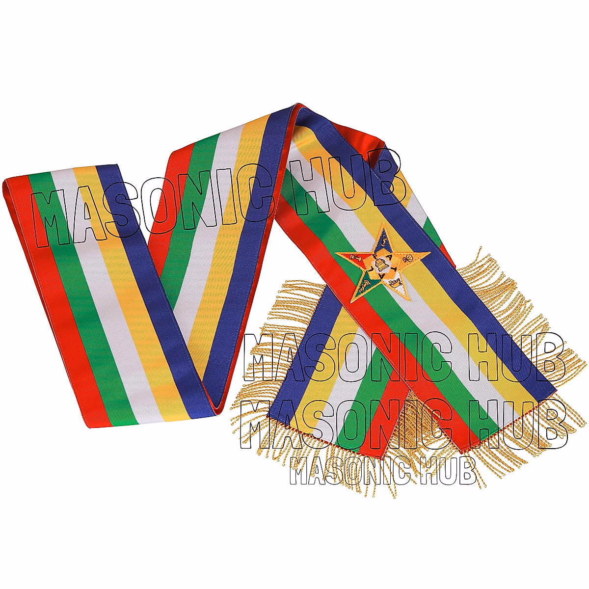 Masonichub Masonic Order of Eastern Star OES Sash Five Color With Soft Gold Fringe Side O.E.S Hand Embroidered Star