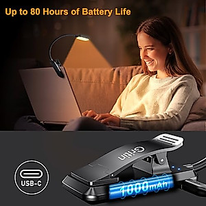 Gritin 16 LED Rechargeable Book Light for Reading in Bed- Eye Caring 3 Color Temperatures, Stepless Dimming Brightness, 80 Hrs Runtime, Lightweight Flexible Clip on Light for Book Lovers