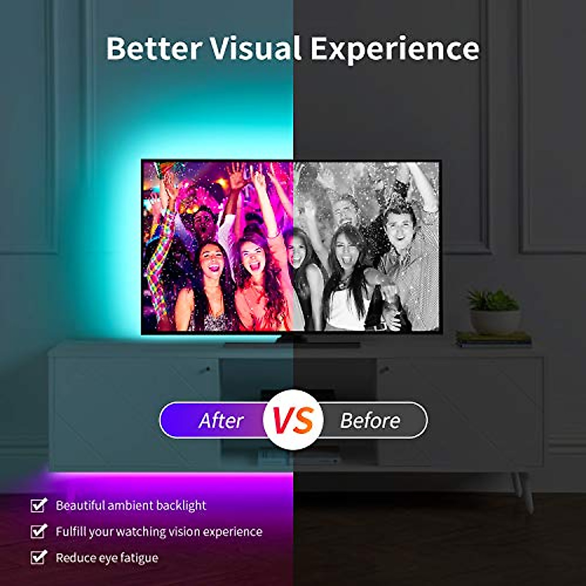 Hiromeco Bluetooth 21FT TV LED Backlight for 82 95 Inch, USB TV Background Lights Kit with APP Control, Music and Multiple Scene Mode, 16 Million Colors Changing Lights for PC Monitor Gaming Room.