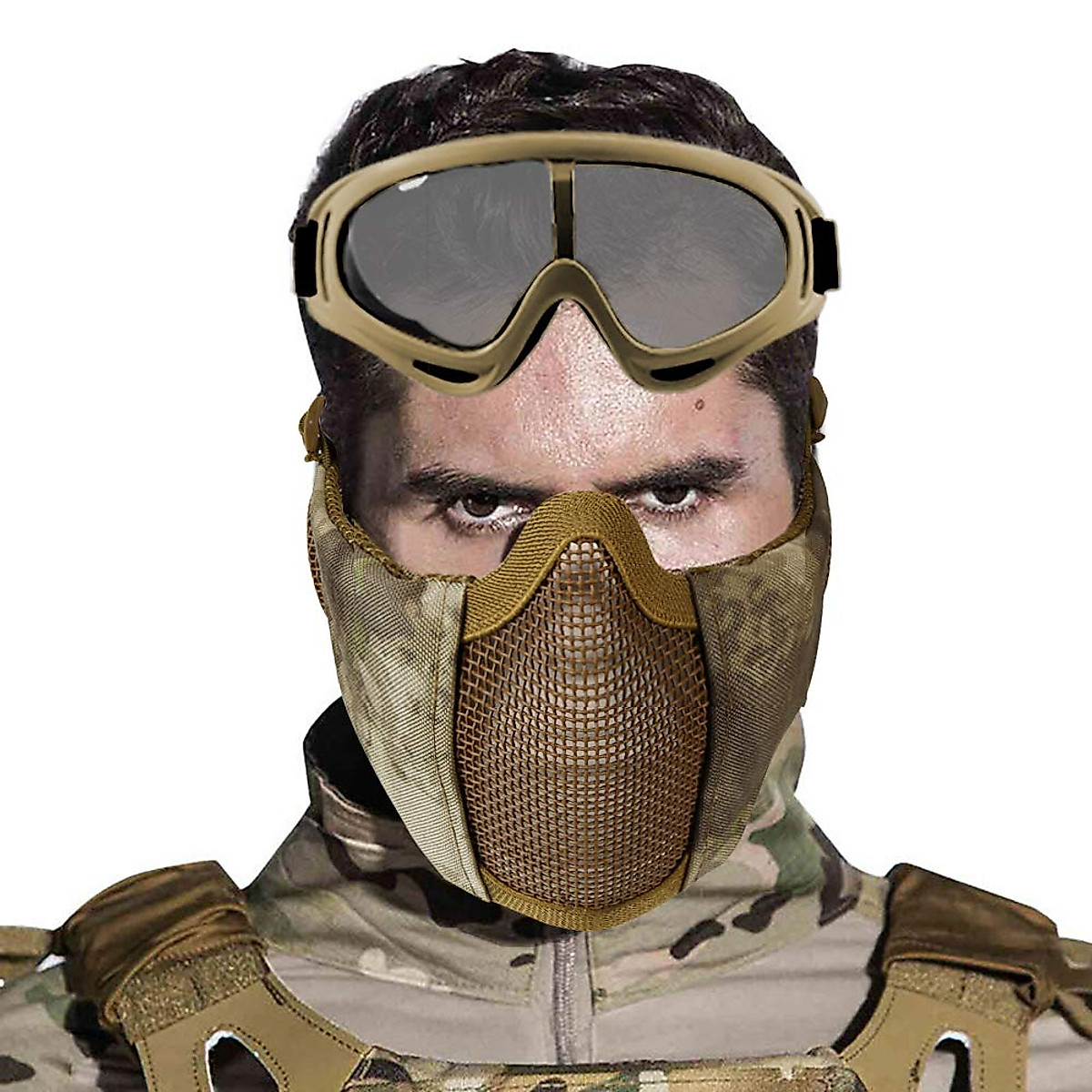 Yzpacc Airsoft Mask with Goggles, Foldable Half Face Airsoft Mesh Mask with Ear Protection for Paintball Shooting Cosplay CS Game