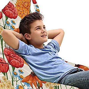 Ambesonne Meadow Lounger Chair Bag, Aster Daisy Peony Poppy Blossom Marigold Flower Retro Garden Pattern, High Capacity Storage with Handle Container, Lounger Size, Champagne and Multicolor