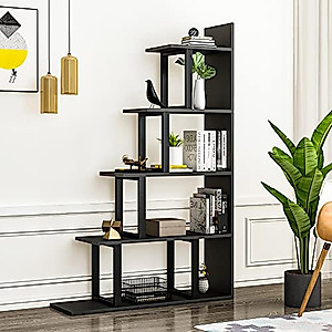 YITAHOME 5-Shelf Bookshelf, L-Shape Freestanding Ladder Corner Bookcase, Modern Minimalist Style Multipurpose Storage Display Rack for Living Room Bedroom Hallway Office, Black