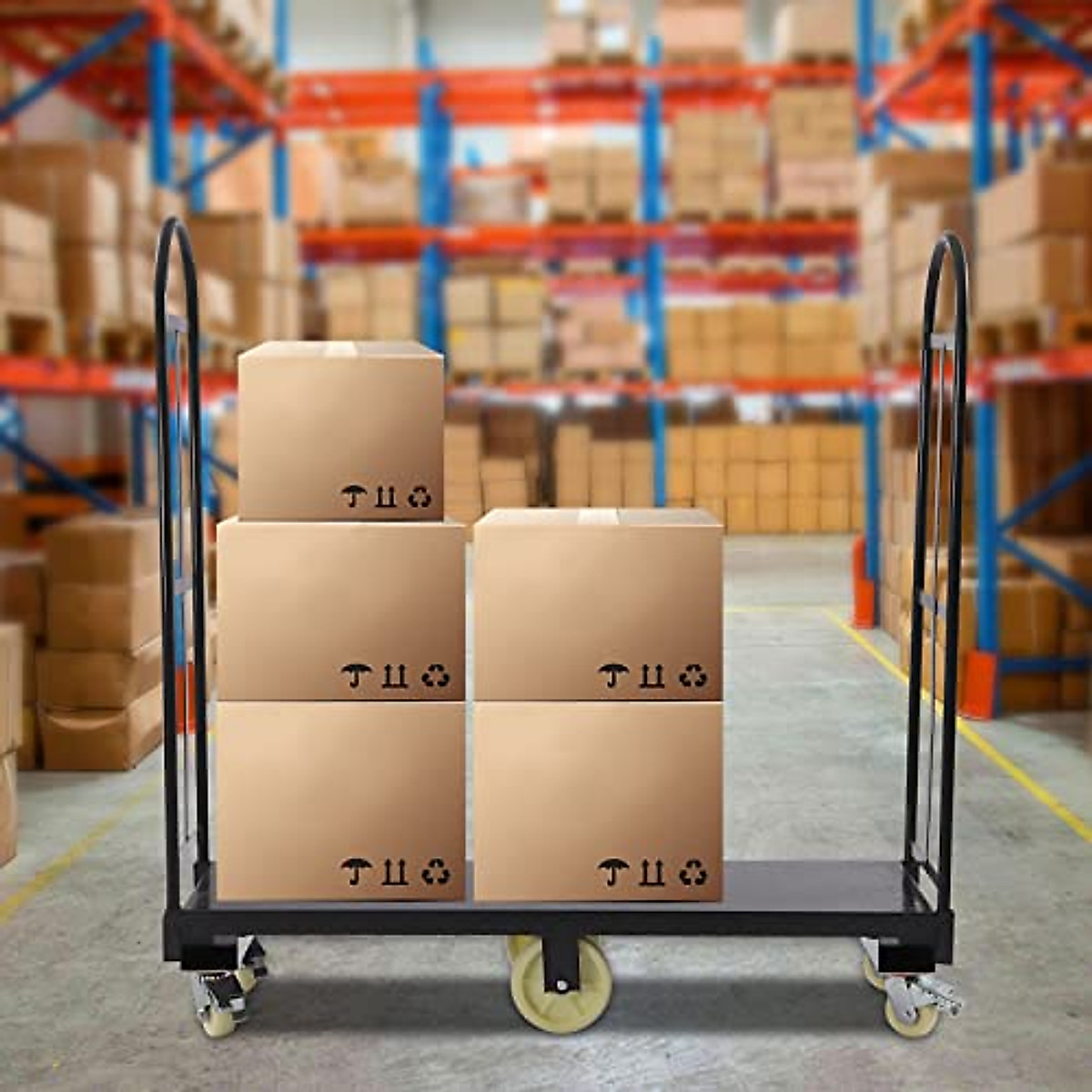 WDZCZDoo Industrial U-Boat Steel Cart with Wheels 2000LBS Capacity U-Boat Platform Truck Dolly U-Boat Metal Truck with Removable Handles for Warehouses, Transportation Facilities (64.6"x 15.7"x51.2")