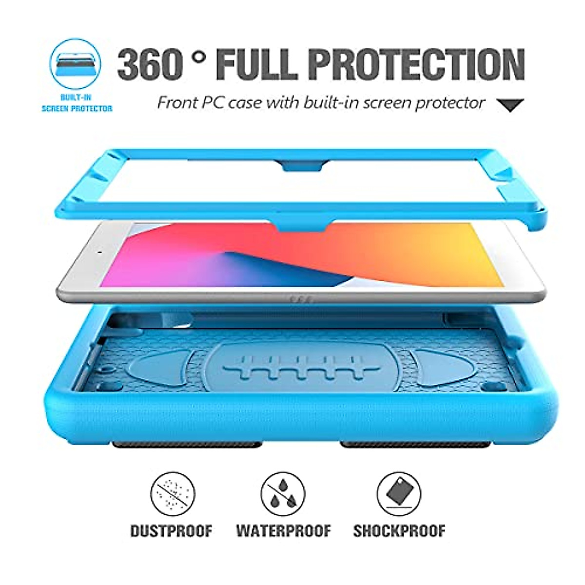 SUPNICE Kids Case for iPad 10.2 inch, iPad 9th/8th/7th 2021/2020/2019 Generation Case with Built-in Screen Protector, Durable Shockproof Lightweight Handle Stand Kids Cover for iPad 9/8/7 Gen, Blue