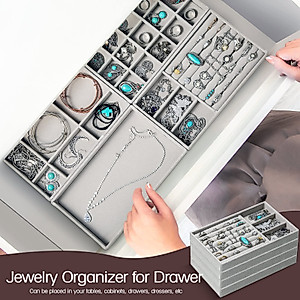 Kenning 16 Pcs Stackable Jewelry Trays Organizer Set for Drawer 8.3x5x1 Small Velvet Jewelry Drawer Insert Storage Holder Closet Dresser Box Divider Ring Earring Display Wedding Gift for Women Girl