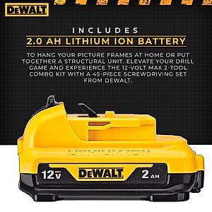 DeWalt 12V MAX 2 Tool Cordless Driver and Drill Hand Tool Set Combo Kit with Drill Bit Set, 45 Piece Screwdriver Set, and Battery Power Pack