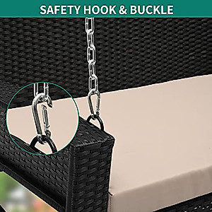 YITAHOME 2-Seats Wicker Hanging Porch Swing Chair Outdoor Black Rattan Patio Swing Lounge w/ 2 Back Cushions Capacity 530lbs for Garden, Balcony, Living Room, Beige