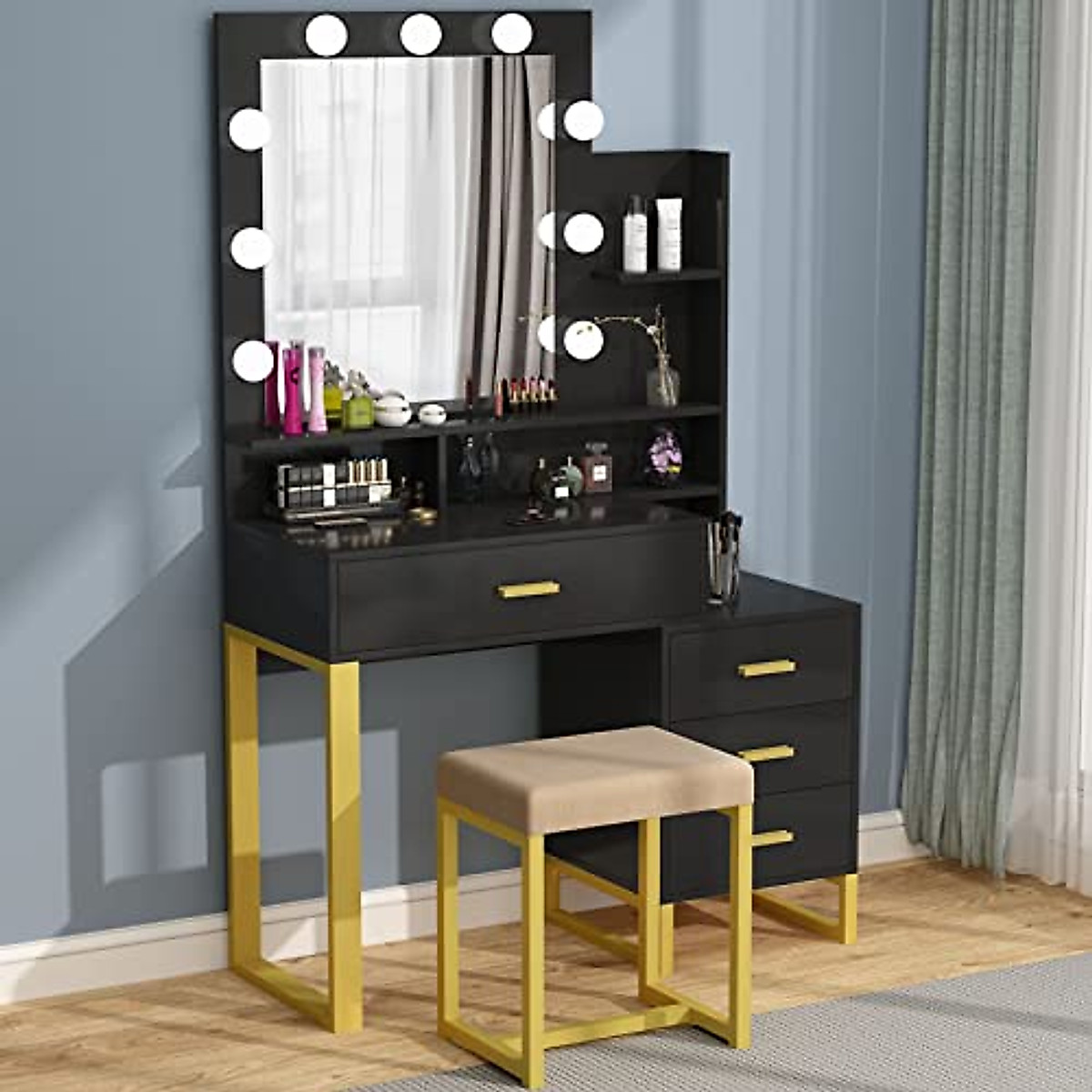 PAKASEPT Vanity Set with Lighted Mirror, Makeup Vanity Dressing Table with LED Light, Drawers, Storage Shelves and Cushioned Stool, Small Vanity Desk for Bedroom (Black, 39.4"Lx15.7"Wx63"H)
