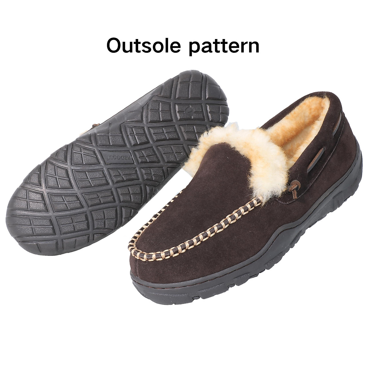 PEDOQU Men's Moccasin Slippers Genuine Suede Uppers Shearling Lining Memory Foam House Shoes, Indoor and Outdoor Warm Loafer