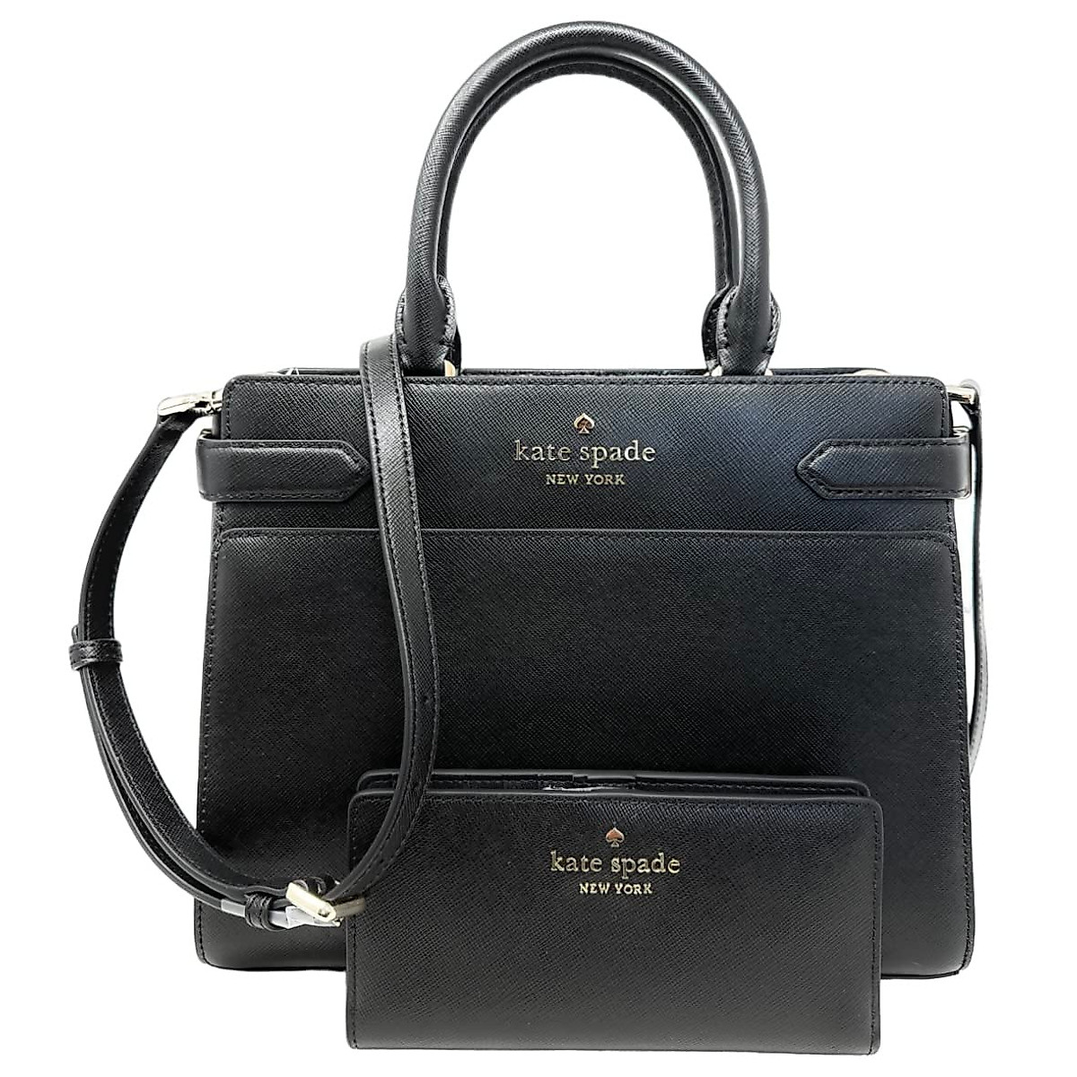 Kate Spade New York Staci Medium Saffiano Leather Satchel Purse With Matching Lg Slim Bifold Wallet (Black)